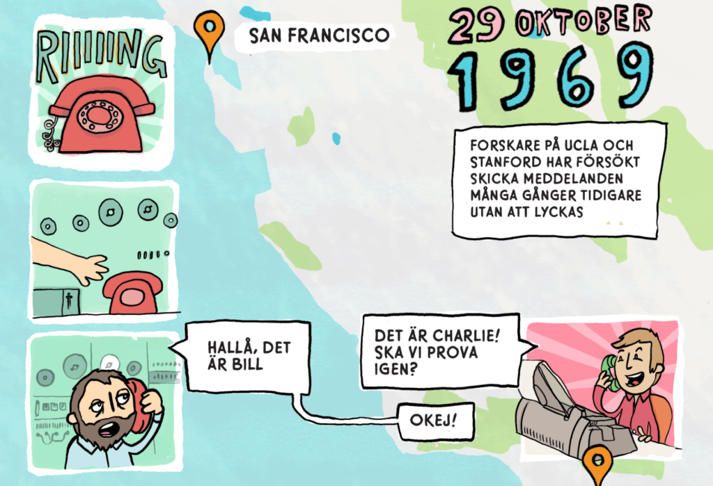 Välkommen till världen, internet – men datorerna hinner inte prata så ...